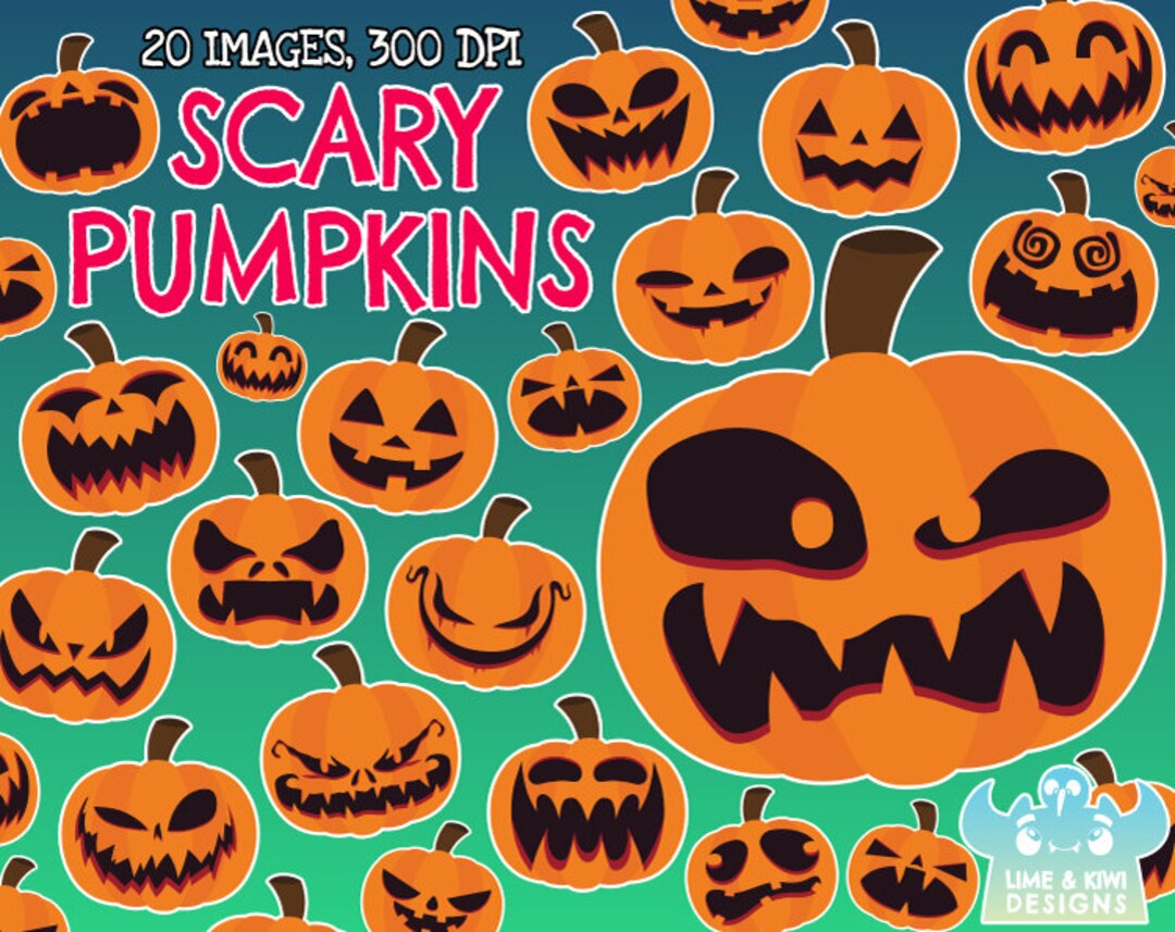 Scary Halloween Pumpkins Clipart, Black and White, Digital Stamps ...
