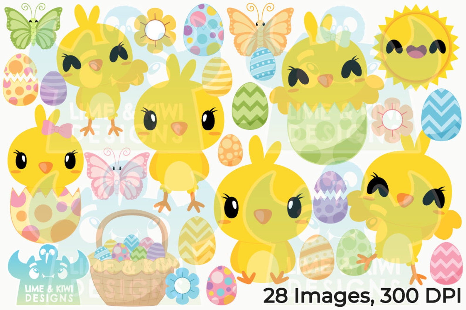 Easter Chicks Clipart, Black and White, Digital Stamps, Butterfly ...