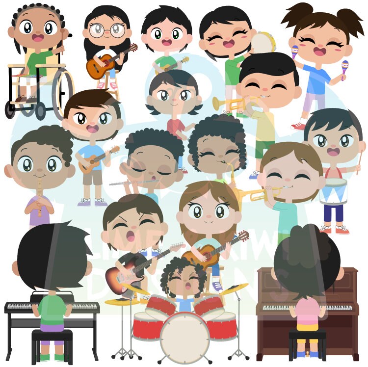 Musical Kids Clipart, Black and White, Digital Stamps, Piano, Keyboard ...