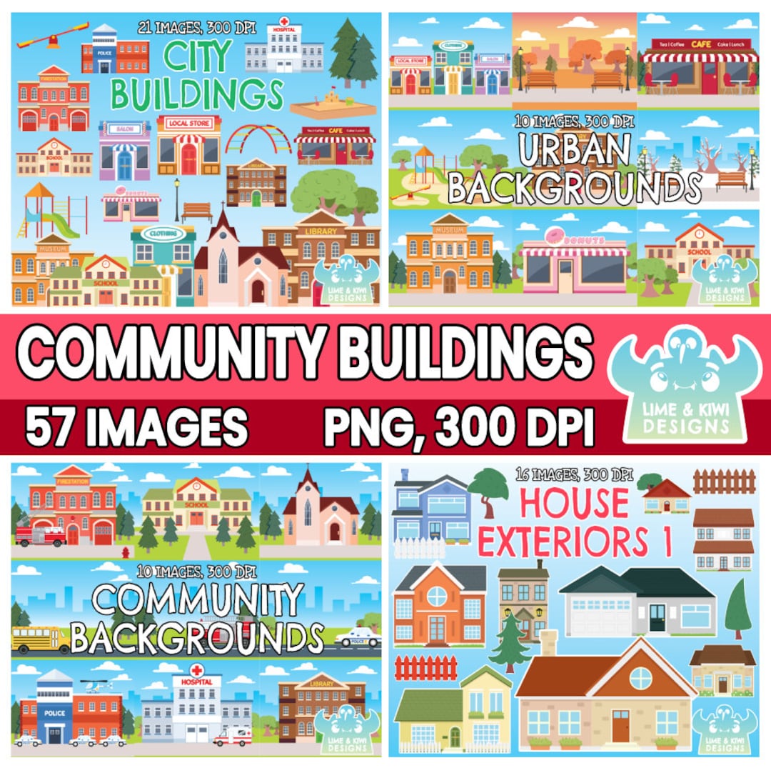 Community Buildings Clipart Bundle 1, Black and White, Digital Stamps ...