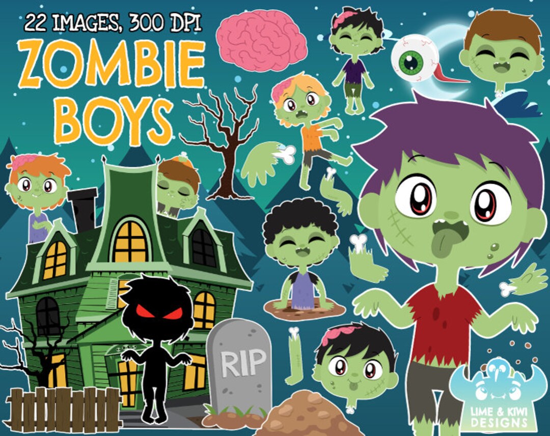 Zombie Boys Clipart, Black and White, Digital Stamps, Brain, Haunted ...