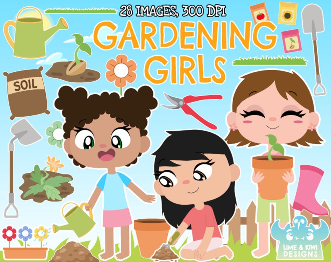 Gardening Girls Clipart, Black and White, Digital Stamps, Garden ...