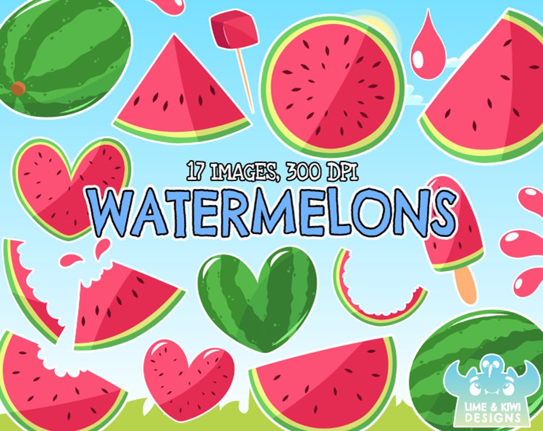 Watermelon Clipart, Black and White, Digital Stamps, Fruit, Summer ...