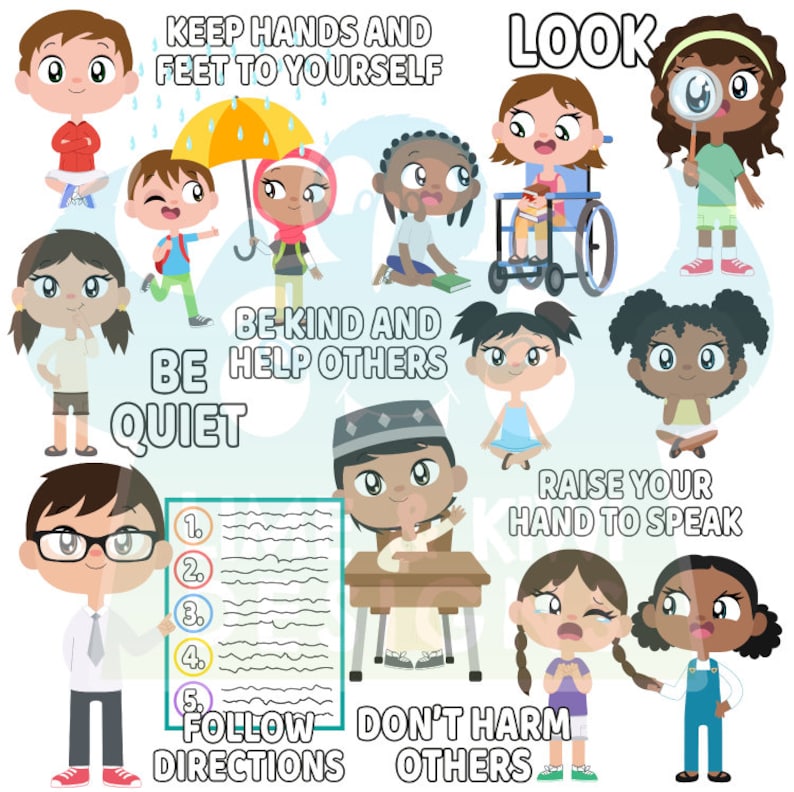 Classroom Rules Clipart, Black and White, Digital Stamps, Education ...