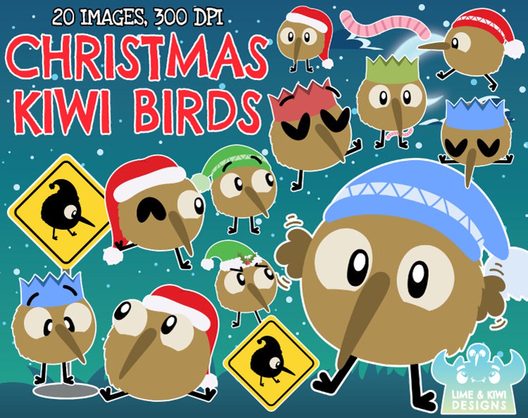 Christmas Kiwi Bird Clipart, Black and White, Digital Stamps ...