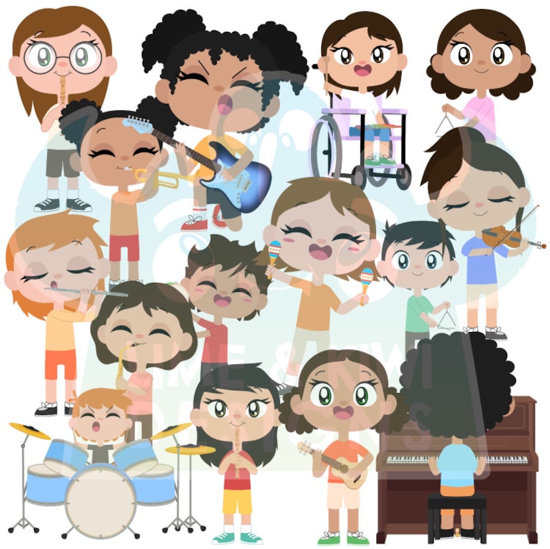 Musical Kids Clipart, Black and White, Digital Stamps, Piano, Keyboard ...