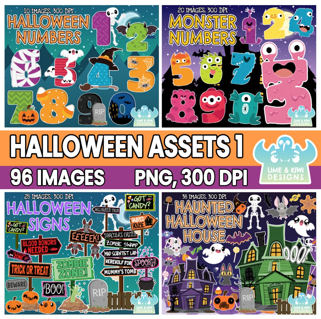 Halloween Assets Clipart Bundle 1, Black and White, Digital Stamps ...