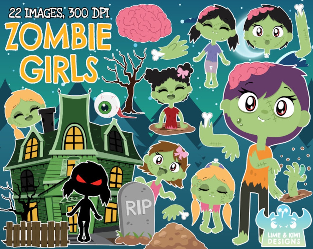 Zombie Girls Clipart, Black and White, Digital Stamps, Brain, Haunted ...