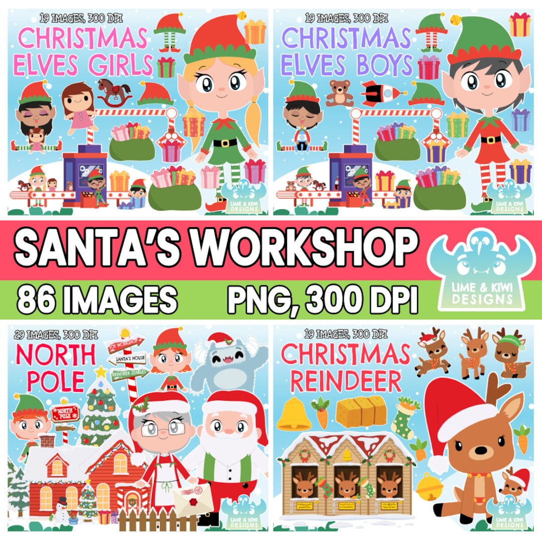 Santa's Workshop Clipart Bundle 1, Black and White, Digital Stamps ...