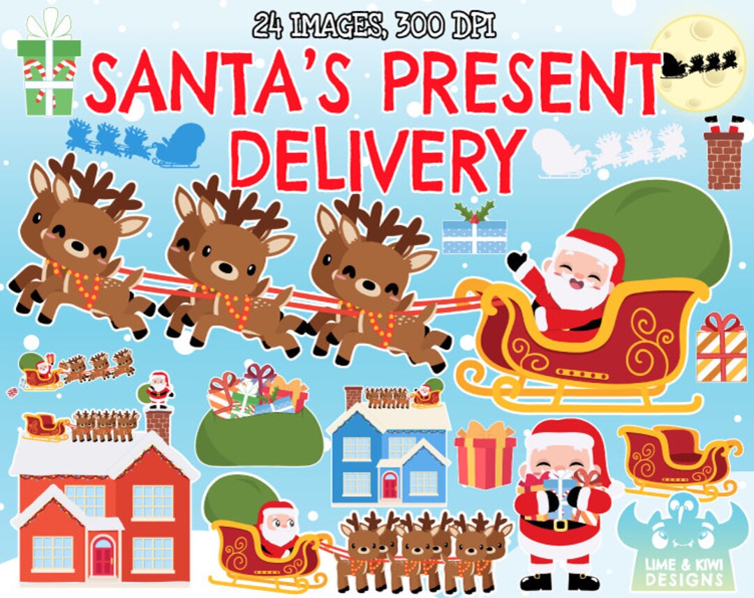 Santa's Present Delivery Clipart, Black and White, Digital Stamps ...