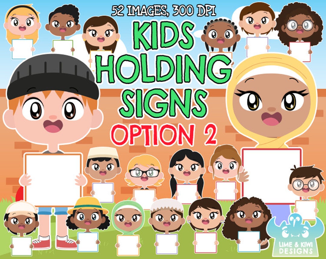 Kids Holding Signs (option 2) Clipart, Black and White, Digital Stamps ...
