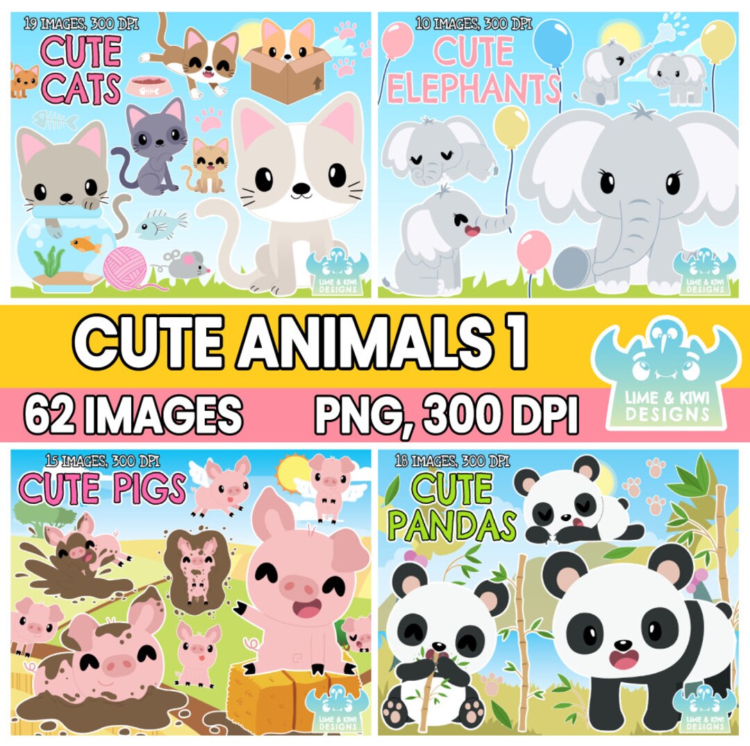Cute Animals Clipart Bundle 1, Black and White, Digital Stamps, Cute ...