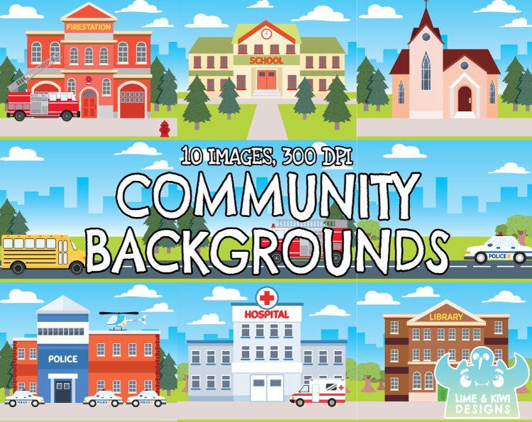 Community Buildings Clipart Bundle 1, Black and White, Digital Stamps ...