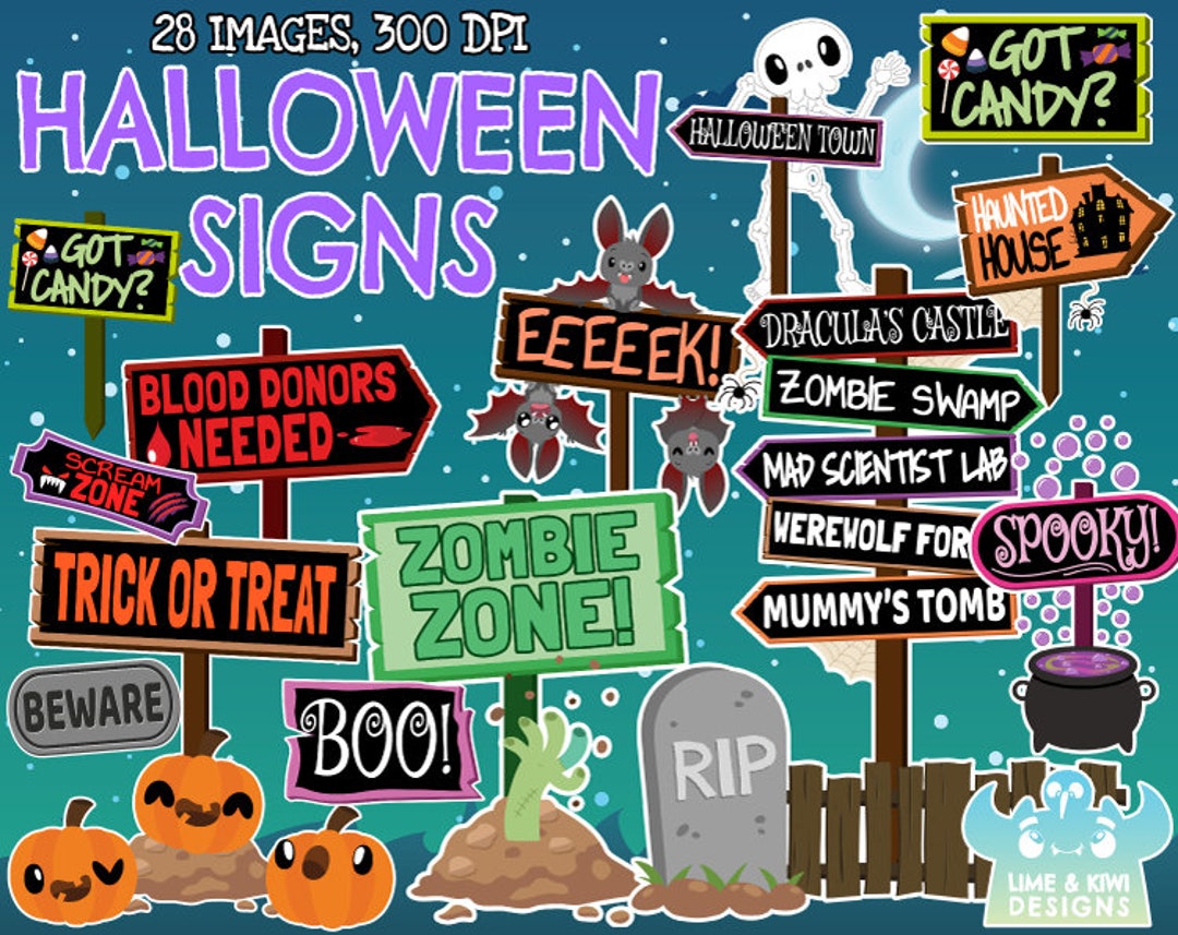Halloween Signs Clipart, Black and White, Digital Stamps, Commercial ...