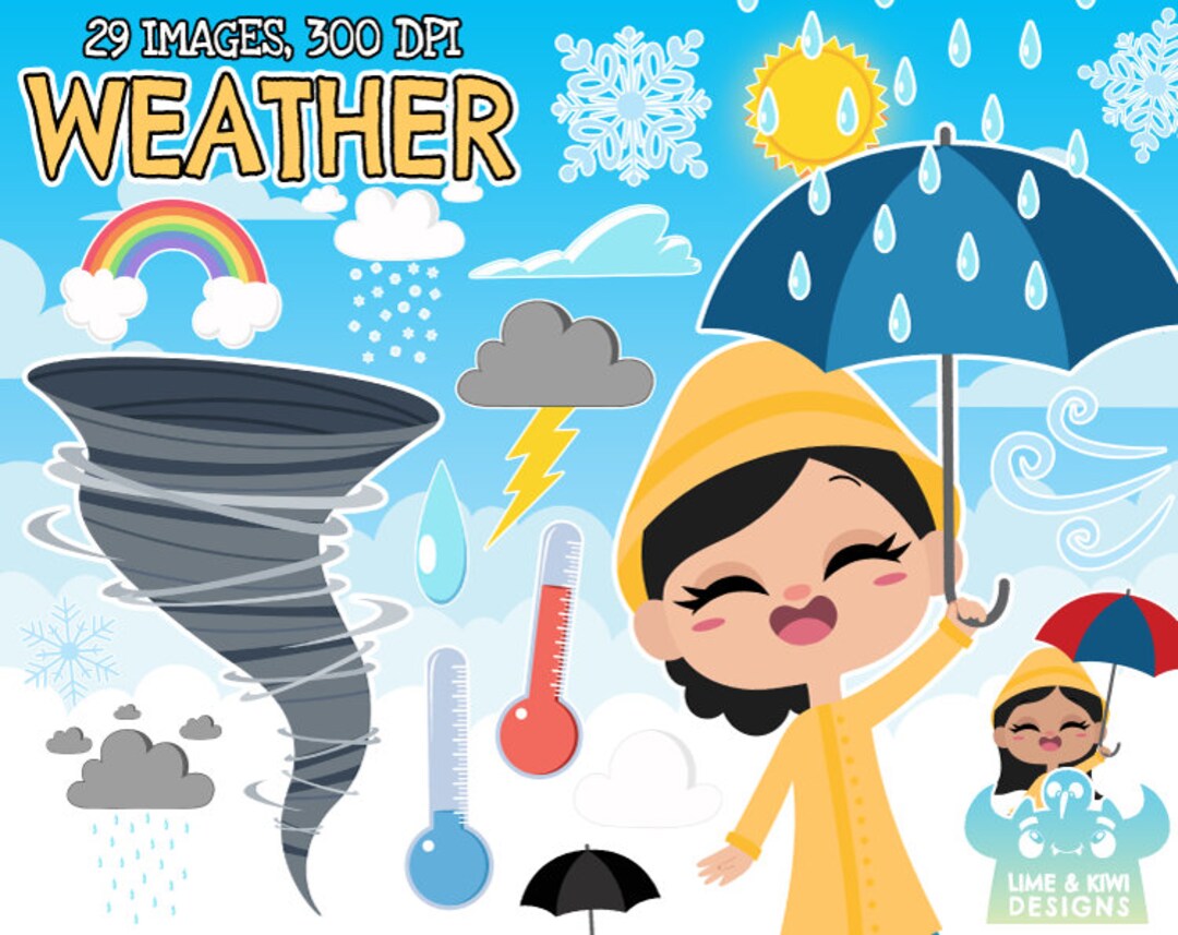 Weather Clipart, Black and White, Digital Stamps, Sun, Cloud, Rain ...