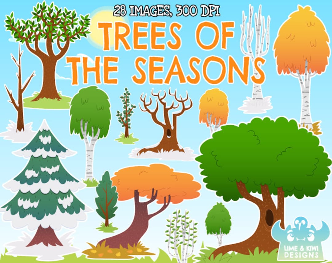 Trees of the Seasons Clipart, Black and White, Digital Stamps, Spring ...