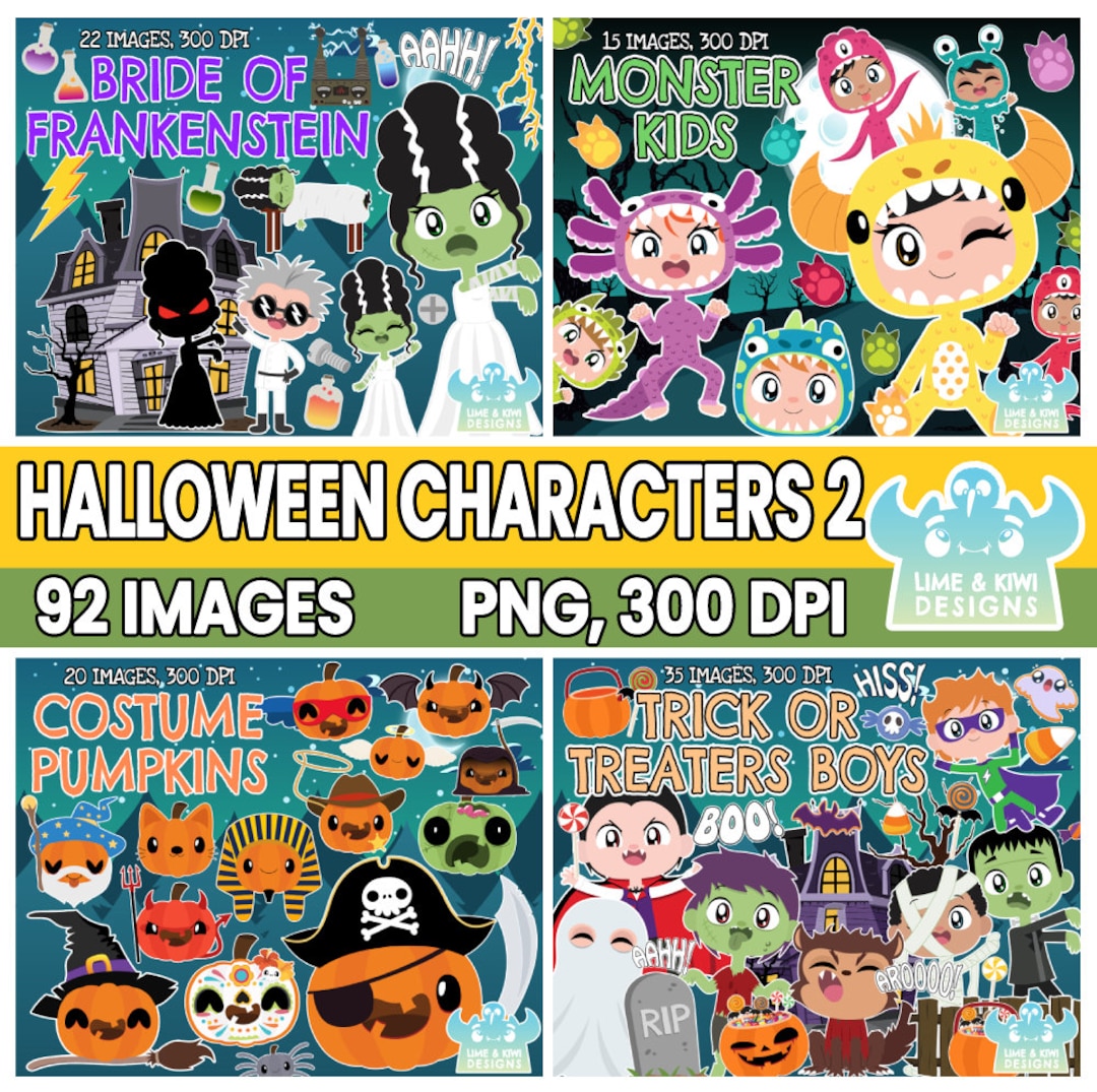 Halloween Characters Clipart Bundle 2, Black and White, Digital Stamps ...