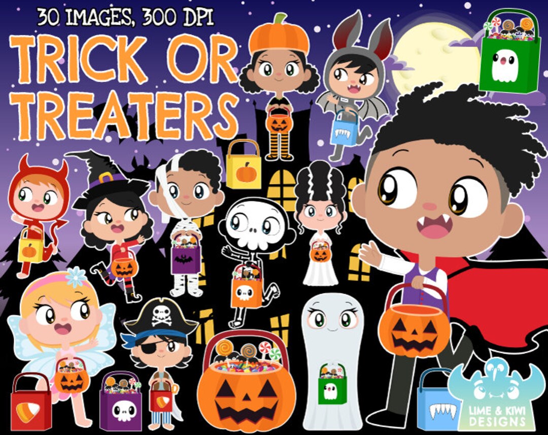 Trick or Treaters Clipart, Halloween, Costume, Pumpkin, Candy, Sweets ...