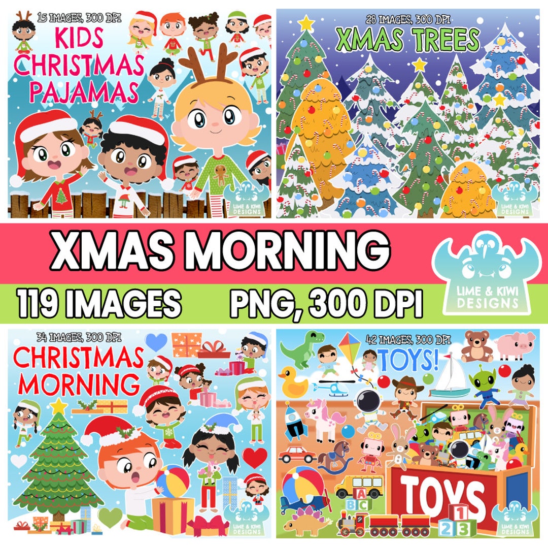 Christmas Morning Clipart Bundle 1, Black and White, Digital Stamps ...