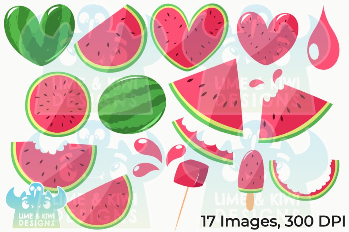 Watermelon Clipart, Black and White, Digital Stamps, Fruit, Summer ...