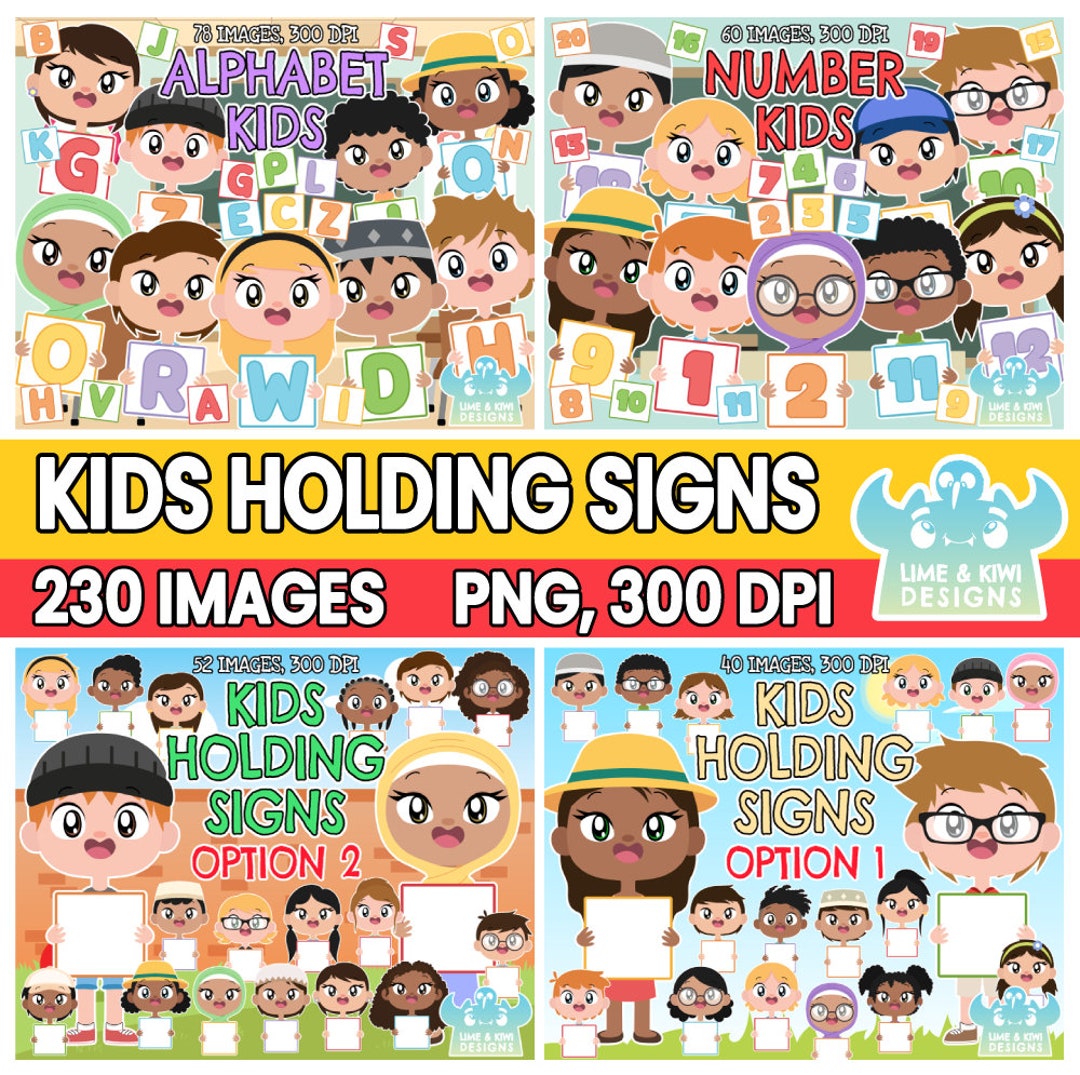Kids Holding Signs Clipart Bundle 1, Black and White, Digital Stamps ...