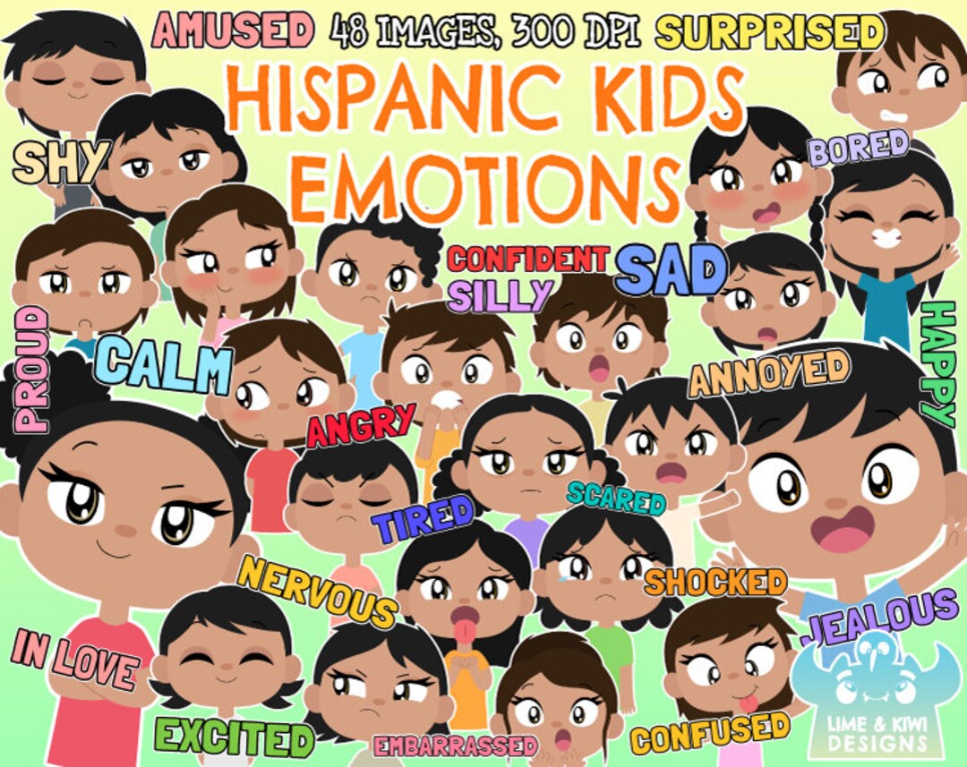 Hispanic Kids Emotions Clipart, Black and White, Digital Stamps, Facial ...