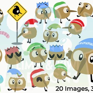 Christmas Kiwi Bird Clipart, Black and White, Digital Stamps ...