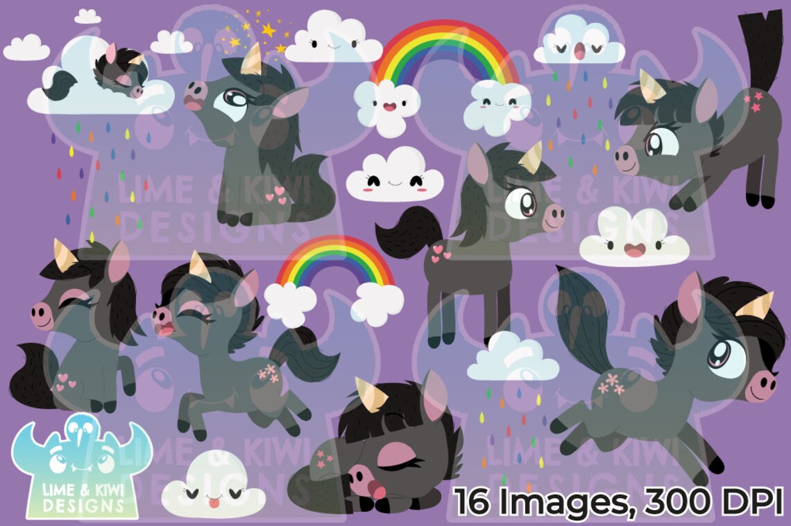Black Unicorns Clipart Instant Download Star Cloud Heart - Etsy UK