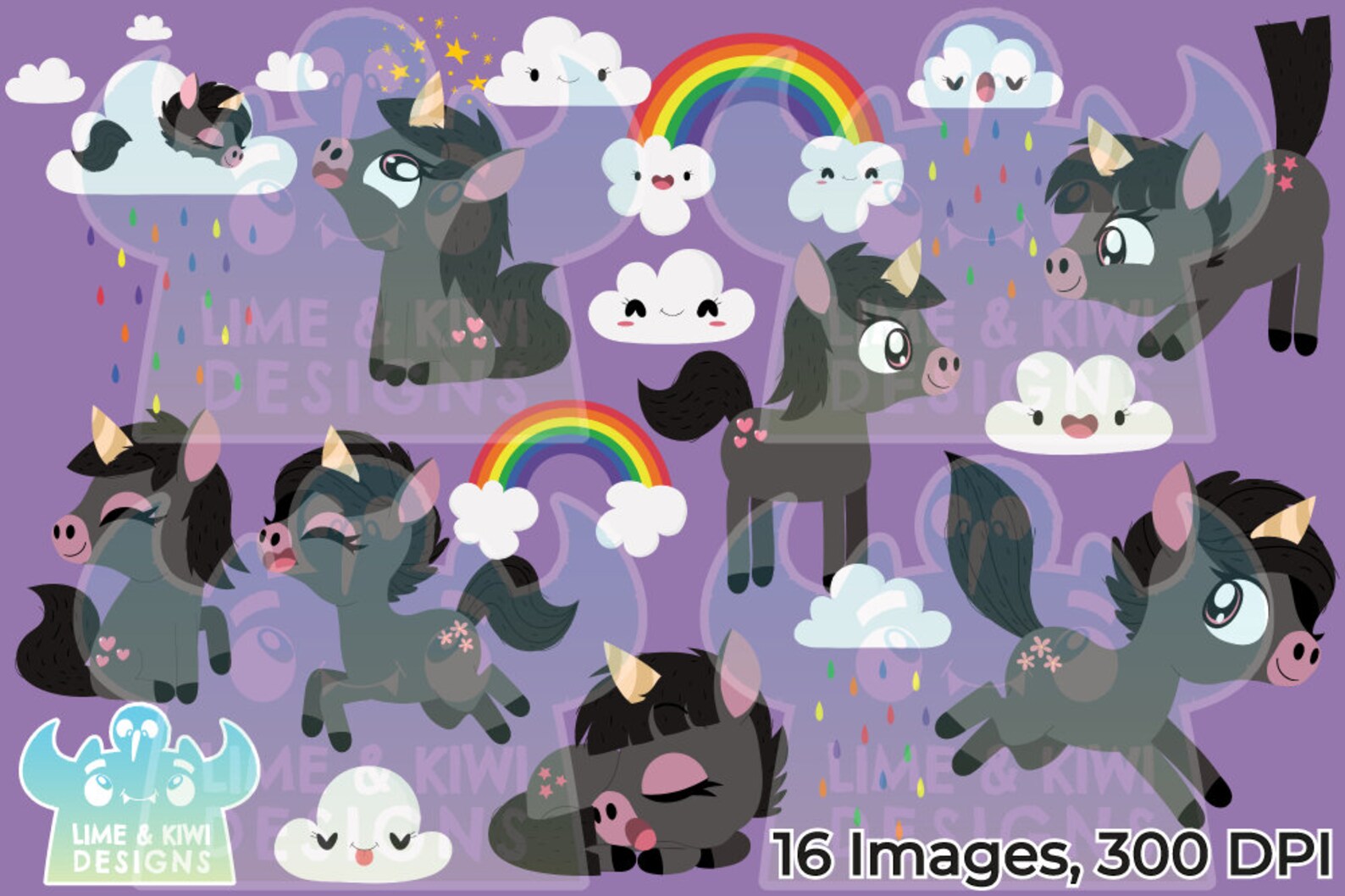 Black Unicorns Clipart Instant Download Star Cloud Heart - Etsy UK