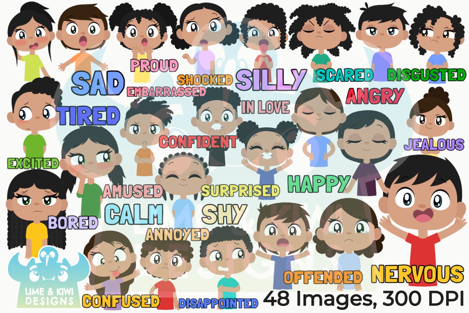 African American Kids Emotions Clipart Instant Download - Etsy