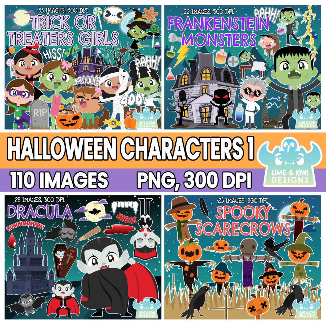 Halloween Characters Clipart Bundle 1, Black and White, Digital Stamps ...