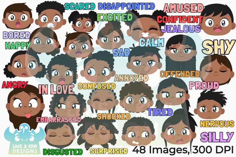 African American Kids Emotions - Faces (option 2) Clipart, Black and ...