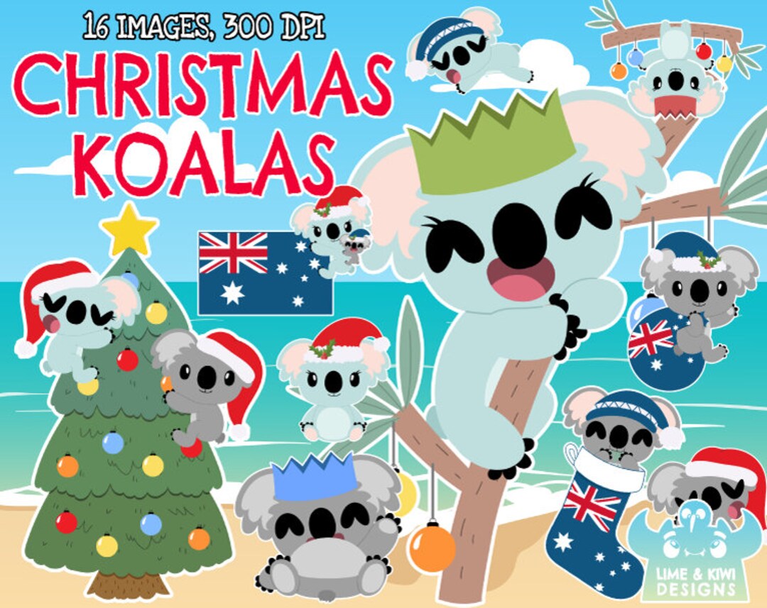 Christmas Koalas Clipart, Black and White, Digital Stamps, Commercial ...