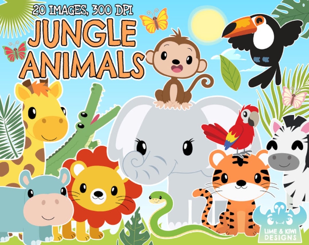 Jungle Animals Clipart, Black and White, Digital Stamps, Elephant ...