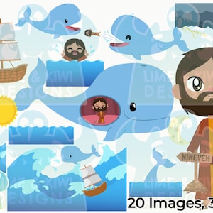 Jonah and the Whale Clipart, Black and White, Digital Stamps, Bible ...