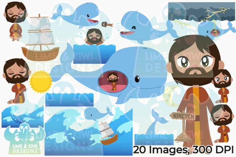 Jonah and the Whale Clipart, Black and White, Digital Stamps, Bible ...