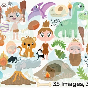 Prehistoric Caveman Clipart, Black and White, Digital Stamps, Dinosaur ...