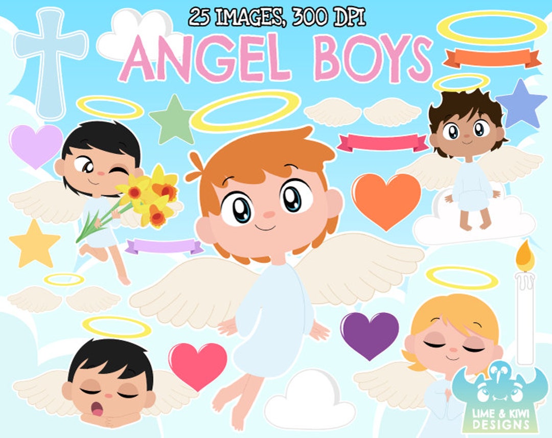 Angel Boys Clipart, Black and White, Digital Stamps, Instant Download ...