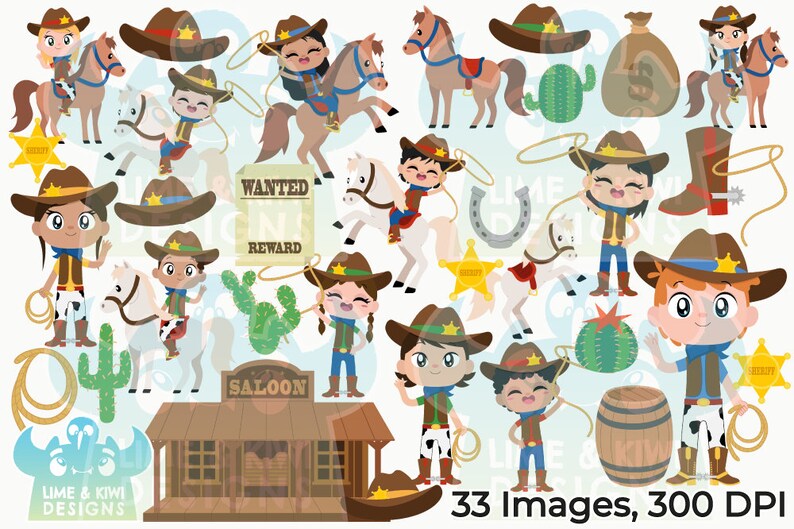 Cowboys and Cowgirls Clipart, Black and White, Digital Stamps, Saloon ...