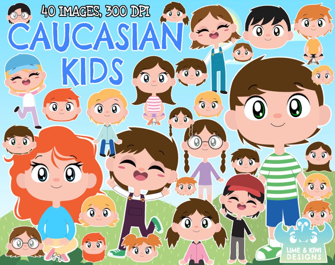 Caucasian Kids Clipart, Black and White, Digital Stamps, Commercial Use ...