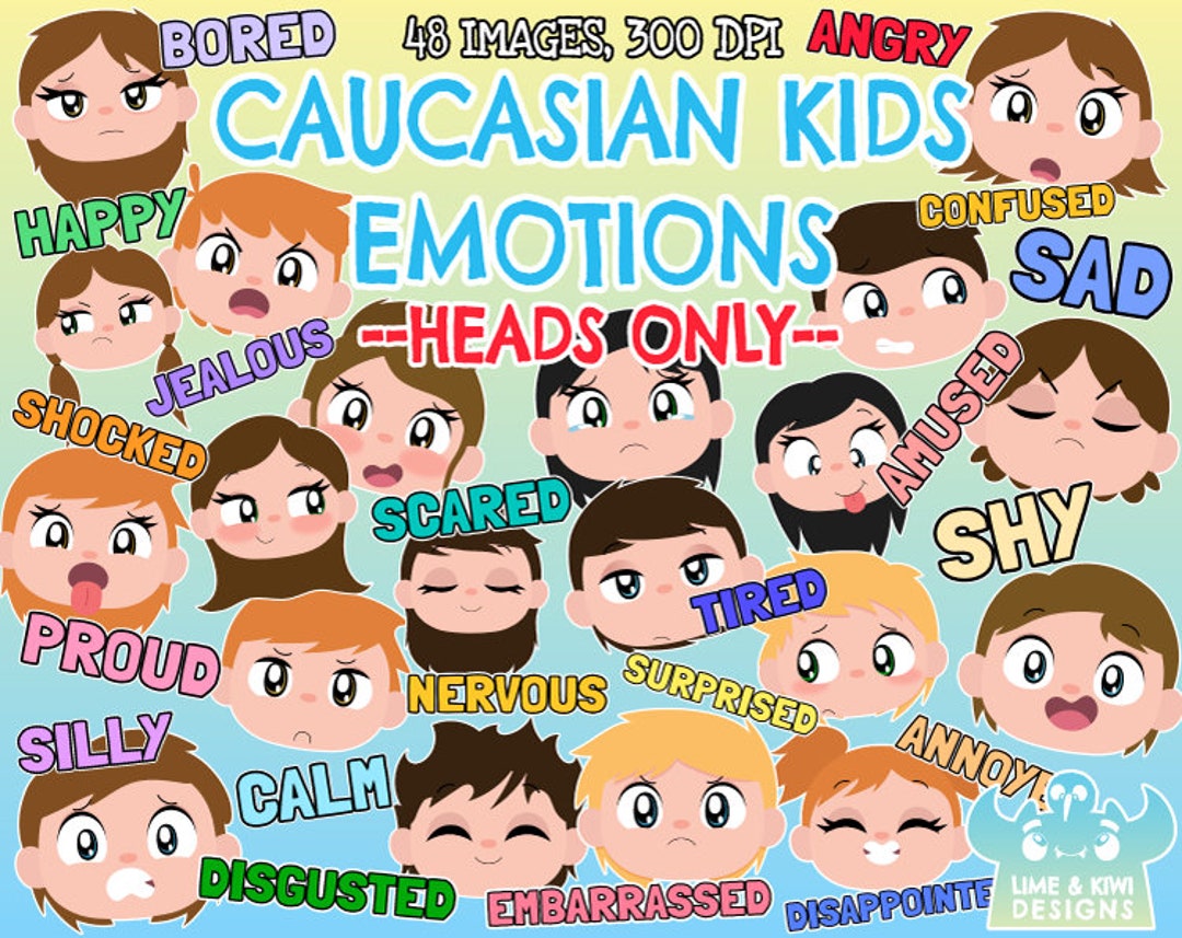 Caucasian Kids Emotions - Faces Clipart, Black and White, Digital ...