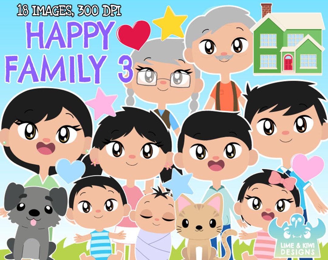 Happy Family 3 Clipart, Black and White, Digital Stamps, Commercial ...