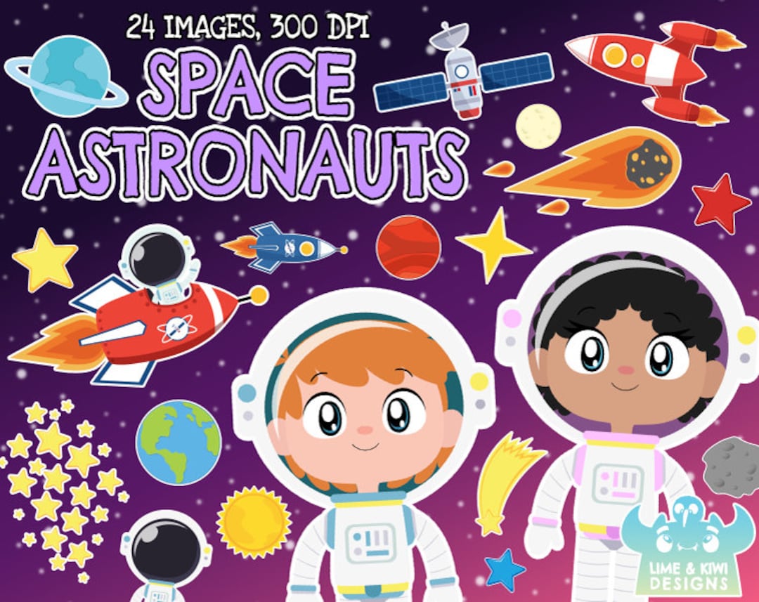 Space Astronauts Clipart, Black and White, Digital Stamps, Galaxy ...