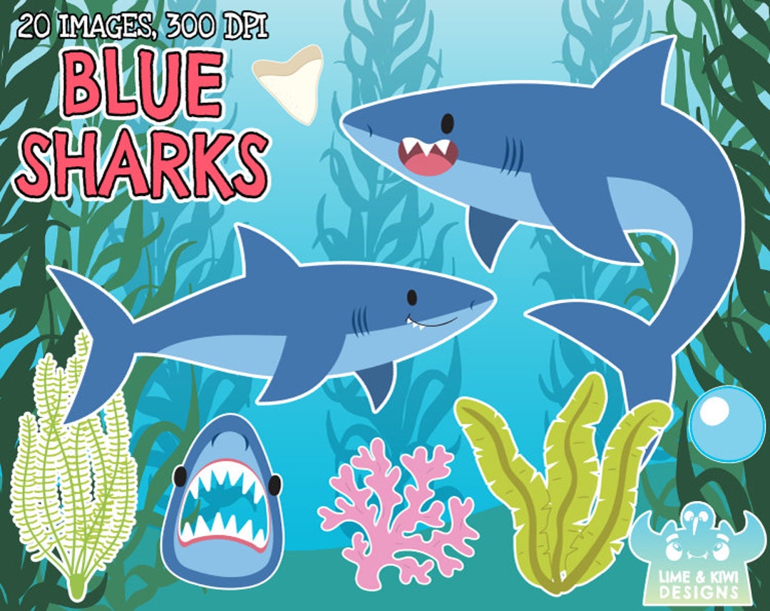 Blue Sharks Clipart, Black and White, Digital Stamps, Commercial Use ...