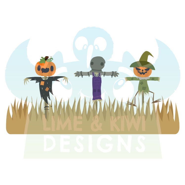 Spooky Scarecrows Clipart, Black and White, Digital Stamps, Crop Field ...