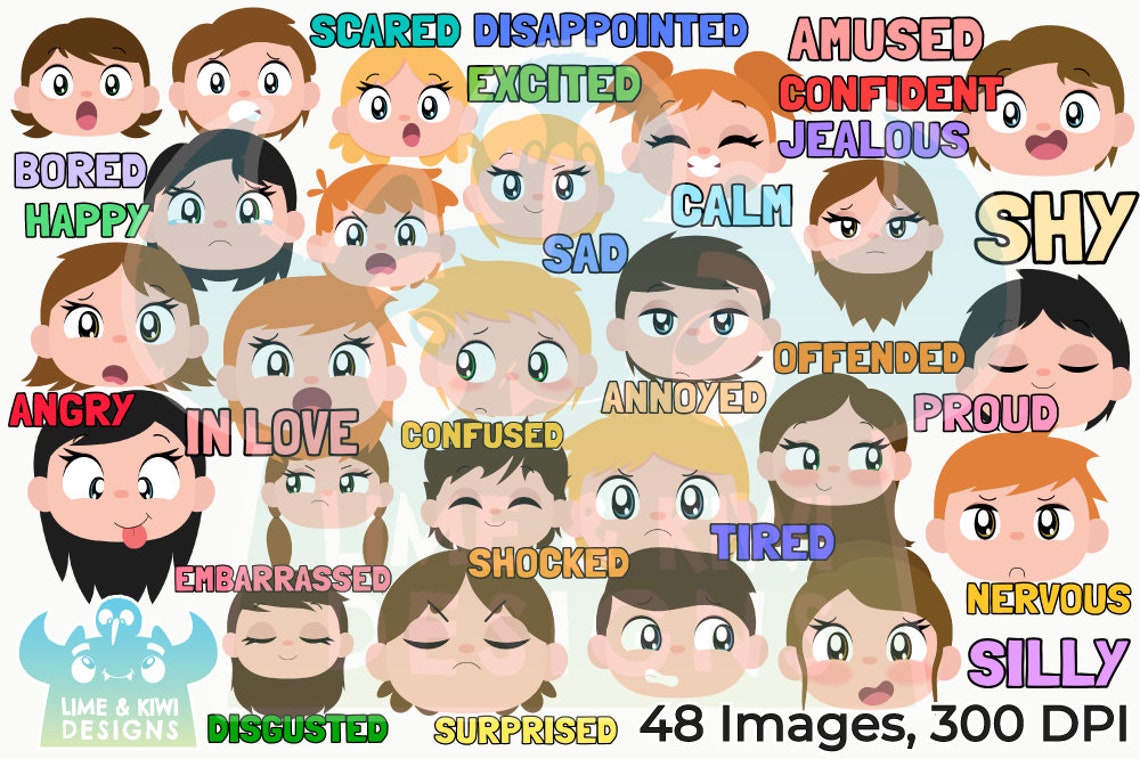 Caucasian Kids Emotions Faces Clipart Instant Download - Etsy