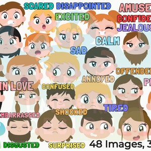 Caucasian Kids Emotions - Faces Clipart, Black and White, Digital ...