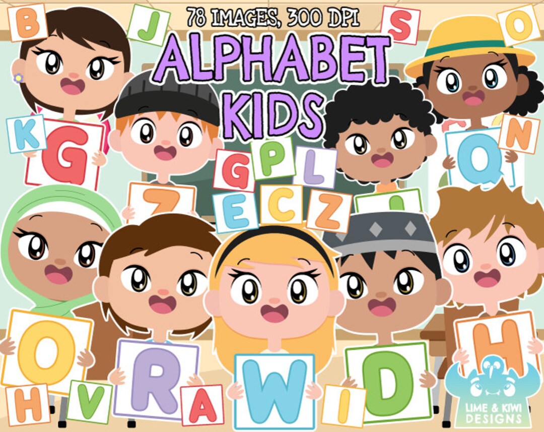 Alphabet Kids Clipart, Black and White, Digital Stamps, Learning Kids ...
