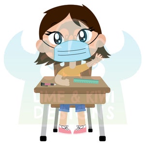 School Kids With Face Masks Clipart, Black and White, Digital Stamps ...