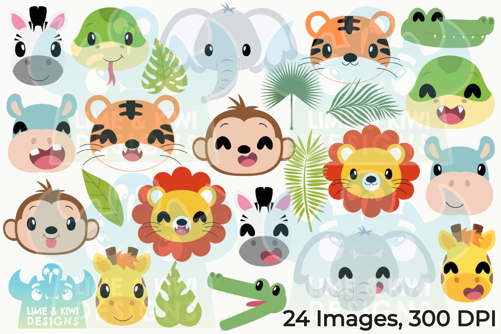 Jungle Animal Faces Clipart Instant Download Elephant - Etsy